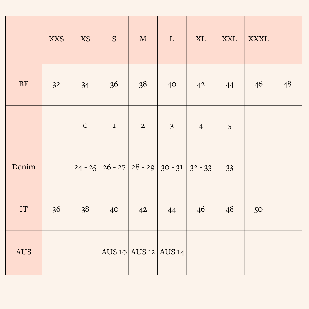 Maattabel | La Bottega