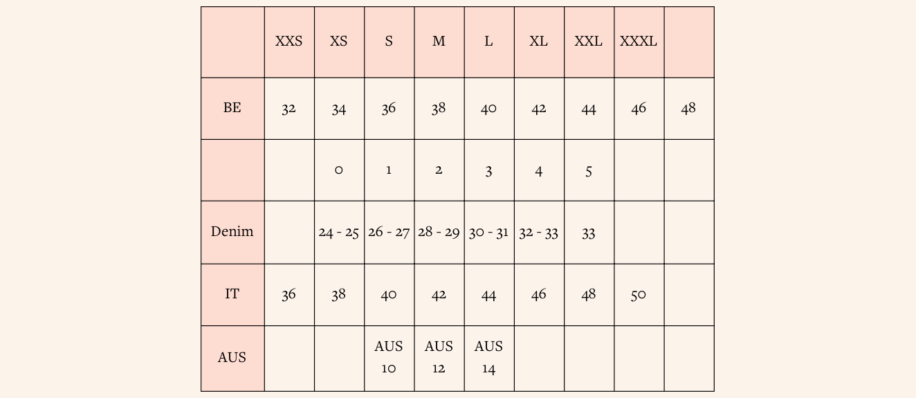 Maattabel | La Bottega