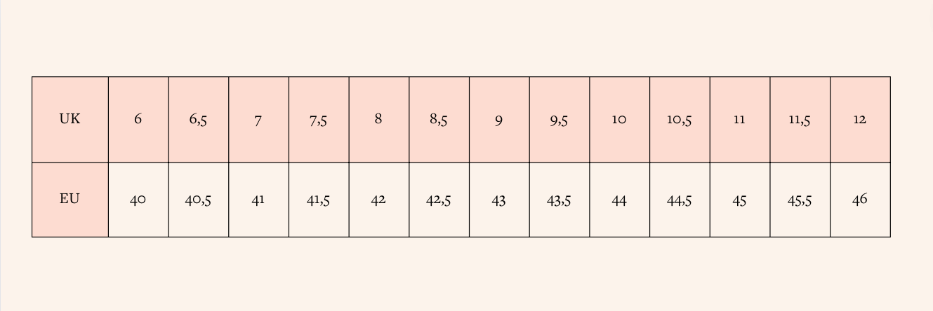 Maattabel | La Bottega